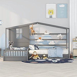 L Shaped Bed Frame with Roof, Twin Corner Bed House Bed for Kids, Solid Wood Twin Platform Bed Frame for 2 People (Twin Size, Gray)