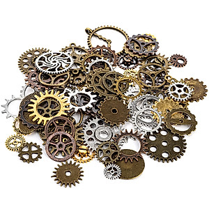 ZOOFOX 300 Gram Gears Charms, Mixed Vintage Bronze Watch Cog Wheel Set, DIY Metal Steampunk Pendant for Crafting, Jewelry Making Accessory