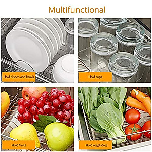 Jkhome Expandable Dish Drying Rack Adjustable Over Sink Dish Drainer Drain Stainless Steel Kitchen Fruit Vegetable Wash Storage Holder (Stainless Steel, Curved Bottom Type 17.32"x9.84"x4.33")