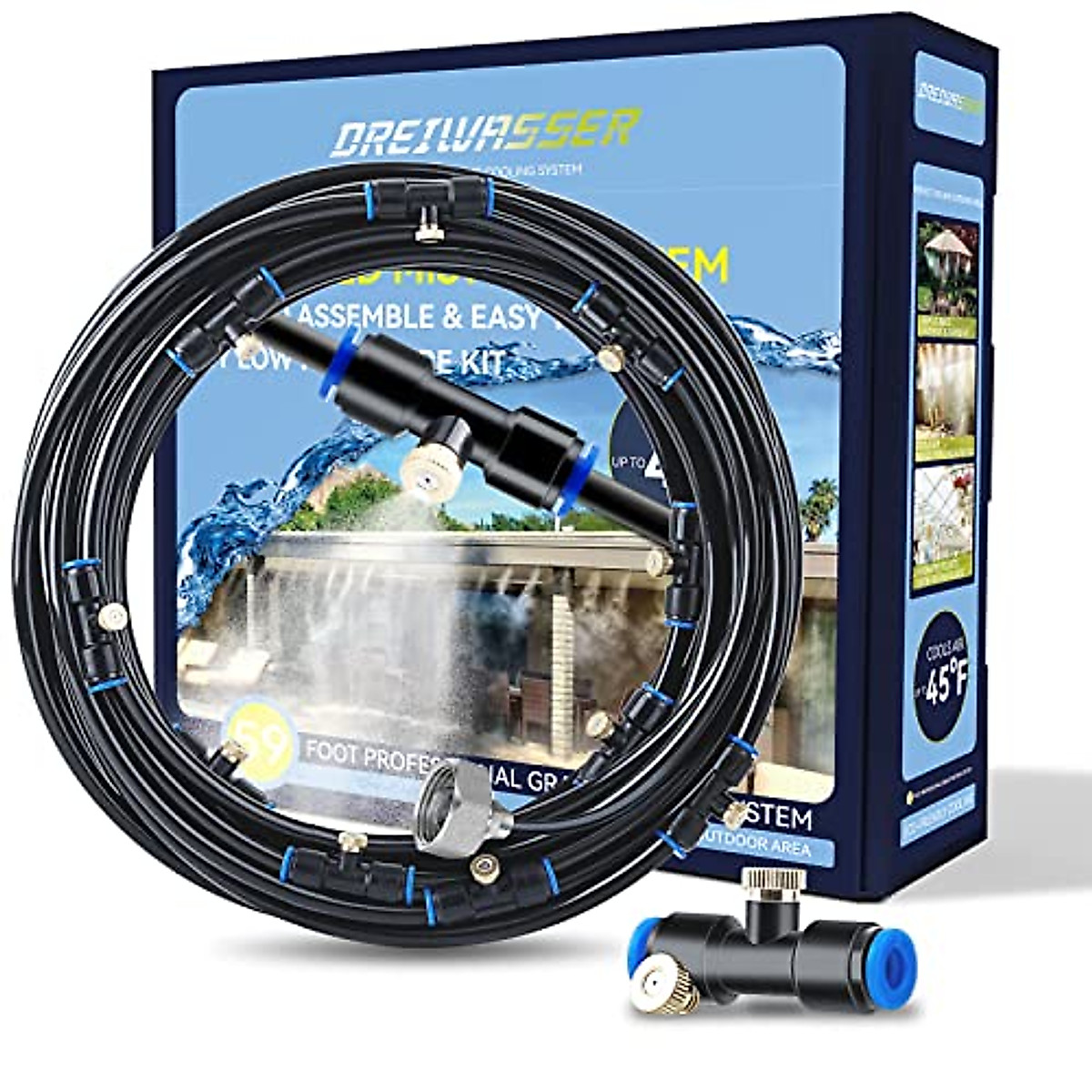 DreiWasser Misters for Outside Patio 59ft, DIY Mister System for Cooling Outdoor + 19 Brass Mist Nozzles + 1 Brass Adapter (3/4"), Misting Cooling System for Backyard Porch Deck