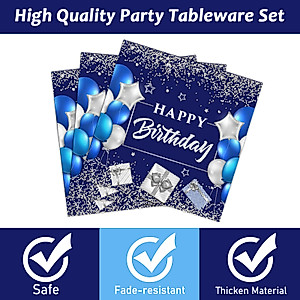Wiooffen Blue Birthday Party Tableware Set for 24 Guests Navy Blue and Silver Happy Birthday Party Decorations for Men Women Birthday Paper Plates Napkins and Forks 96 Pieces