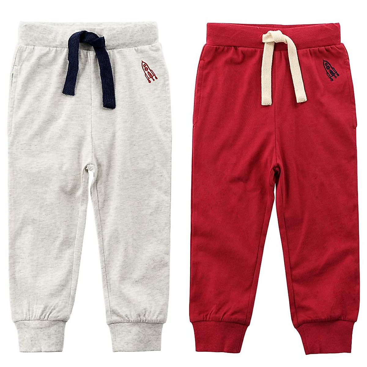 QGAKAGO Toddler Baby Boys Girls Active Jogger Pants Cotton Pure Color Rocket Sweatpants with Drawstring 1-6T (18-24 Months,2 Pack(Light Grey+Red))