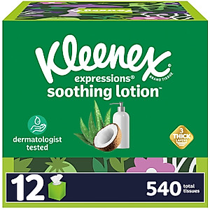 Kleenex Expressions Soothing Lotion Facial Tissues with Coconut Oil, 12 Cube Boxes, 45 Tissues per Box, 3-Ply, Packaging May Vary