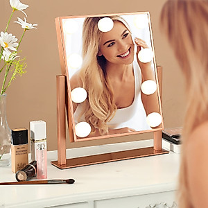 BWLLNI Makeup Mirror with Lights, Hollywood Mirror Lighted Vanity Mirror with 9 LED Bulbs, Touch Control Design 3 Colors Dimmable Bulbs Detachable 10X Magnification 360°Rotation(Rose Pink)