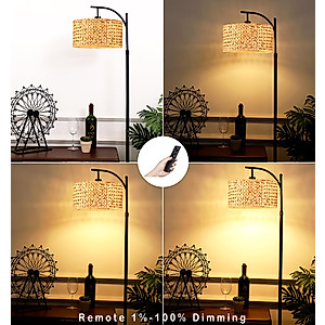 QIYIZM Floor Lamp for Living Room Bedroom Farmhouse Arc Rattan Boho Standing Lamp with Remote Dimmable Black Wicker Bamboo Lamp Shade Floor Light Adjustable Tall Lamp Industrial Floor Lamps Bohemian