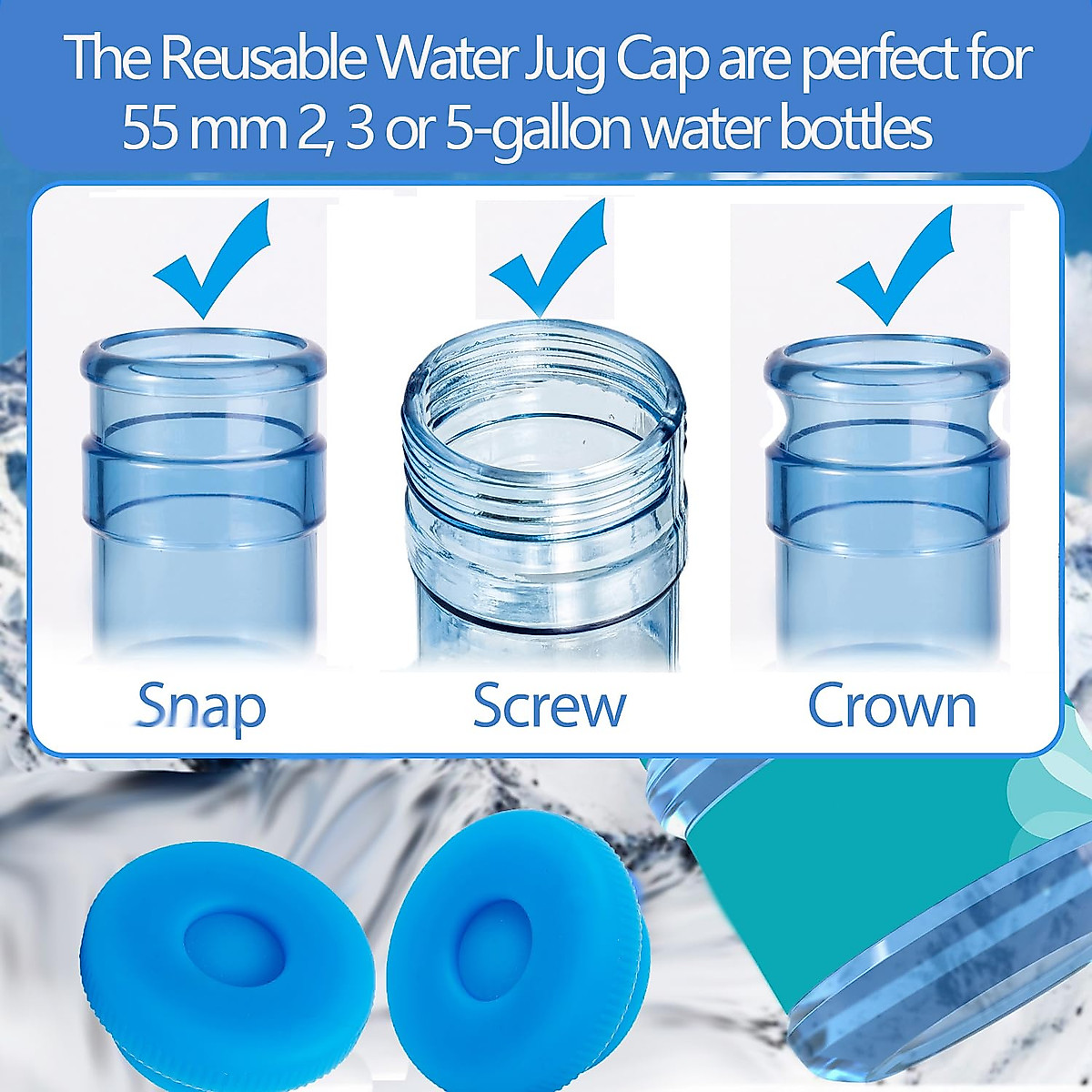 3 & 5 Gallon Water Jug Cap Reusable - Water Bottle Caps Fits 55mm Bottles,Silicone Non- Spill Lids for Anti-Splash (3 Pack)
