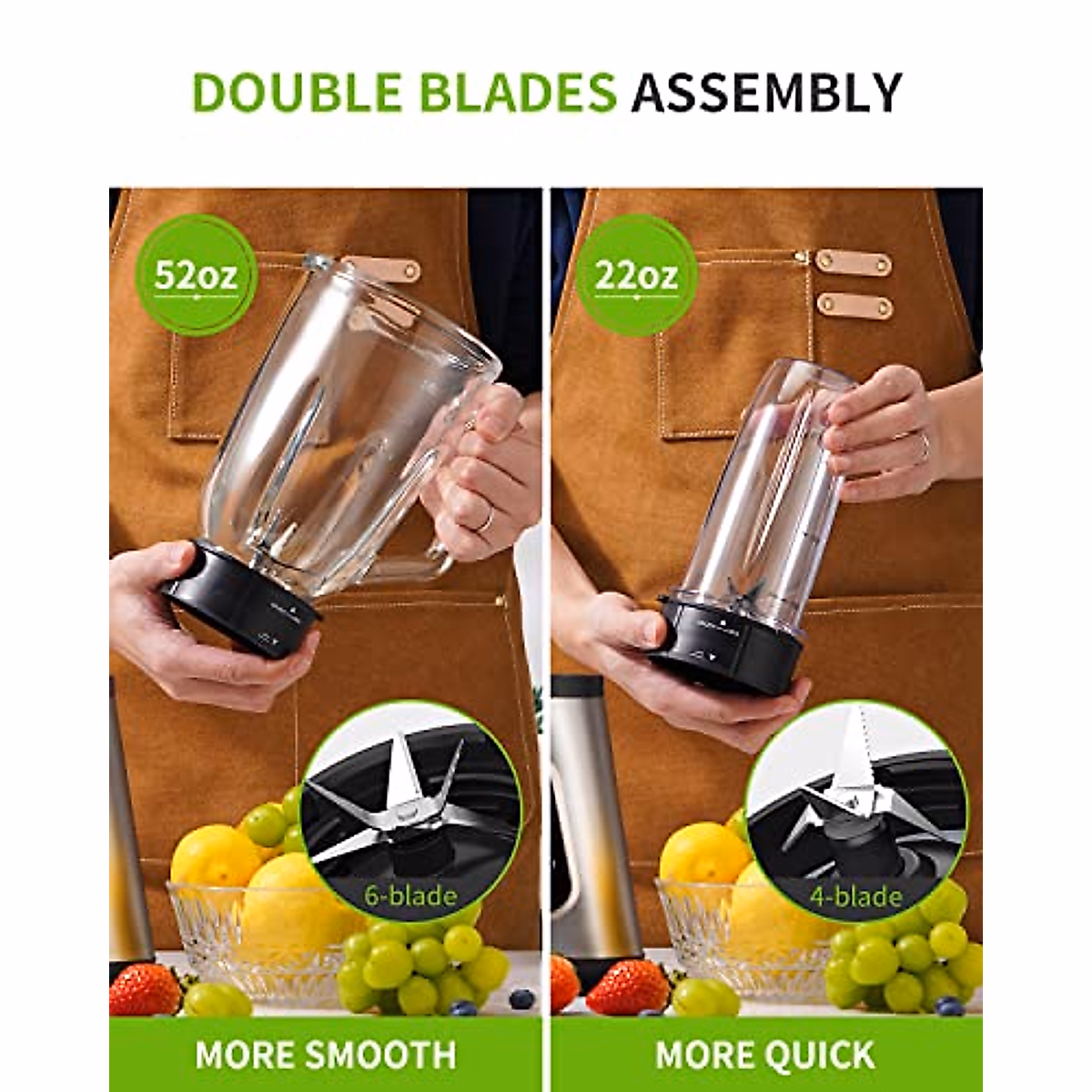 SHARDOR Countertop Blender 2.0 for Shake and Smoothies with 1200W, with 52oz Glass Jar, 3 Adjustable Speed Control + 22oz Travel Cup for Frozen Fruit Drinks, Smoothies, Sauces & More, Sliver