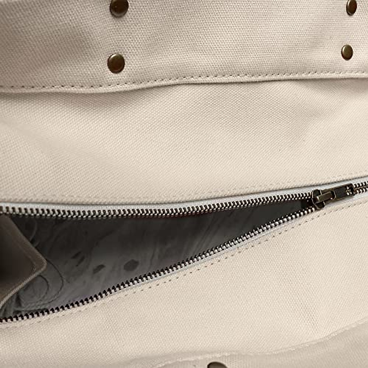 Tag&Crew Brooklyn Tote Canvas Bag with Leather Handles, Zippered Flap, 3 Pockets, Adjustable Shoulder Strap, Antique Brass Clips - Natural