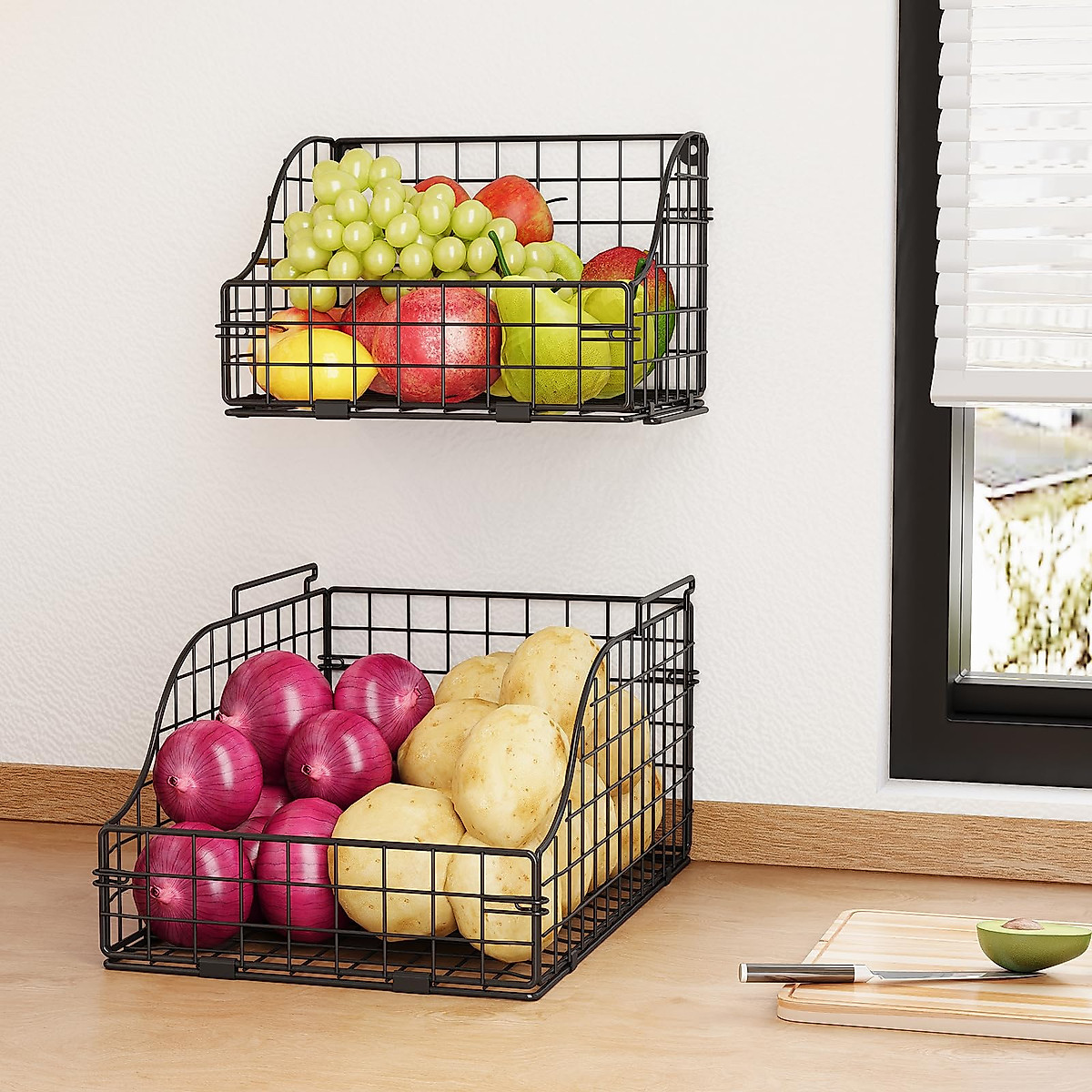 X-cosrack 2 Tier Stackable Wire Baskets, Countertop Veggies Storage Potato Onion Pantry Organizer Snack Holder for Kitchen Cabinet Produce