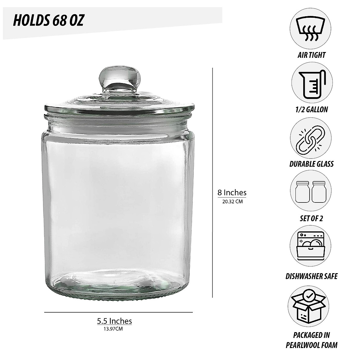 Set of 2 Glass Jar with Lid (2 Liter) | 1/2 Gallon Airtight Glass Storage Cookie Jar for Flour, Pasta, Candy, Dog Treats, Snacks & More | Glass Organization Canisters for Kitchen & Pantry | 68 Ounces (Set of 2)