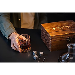 Luxury Whiskey Glass Set of 2, Gift Set in Wooden Box, Includes 8 Whiskey Ice Stones, Velvet Bag and Stainless Steel Tongs. Great Gift for Men, Dad, Christmas.. NO Coasters