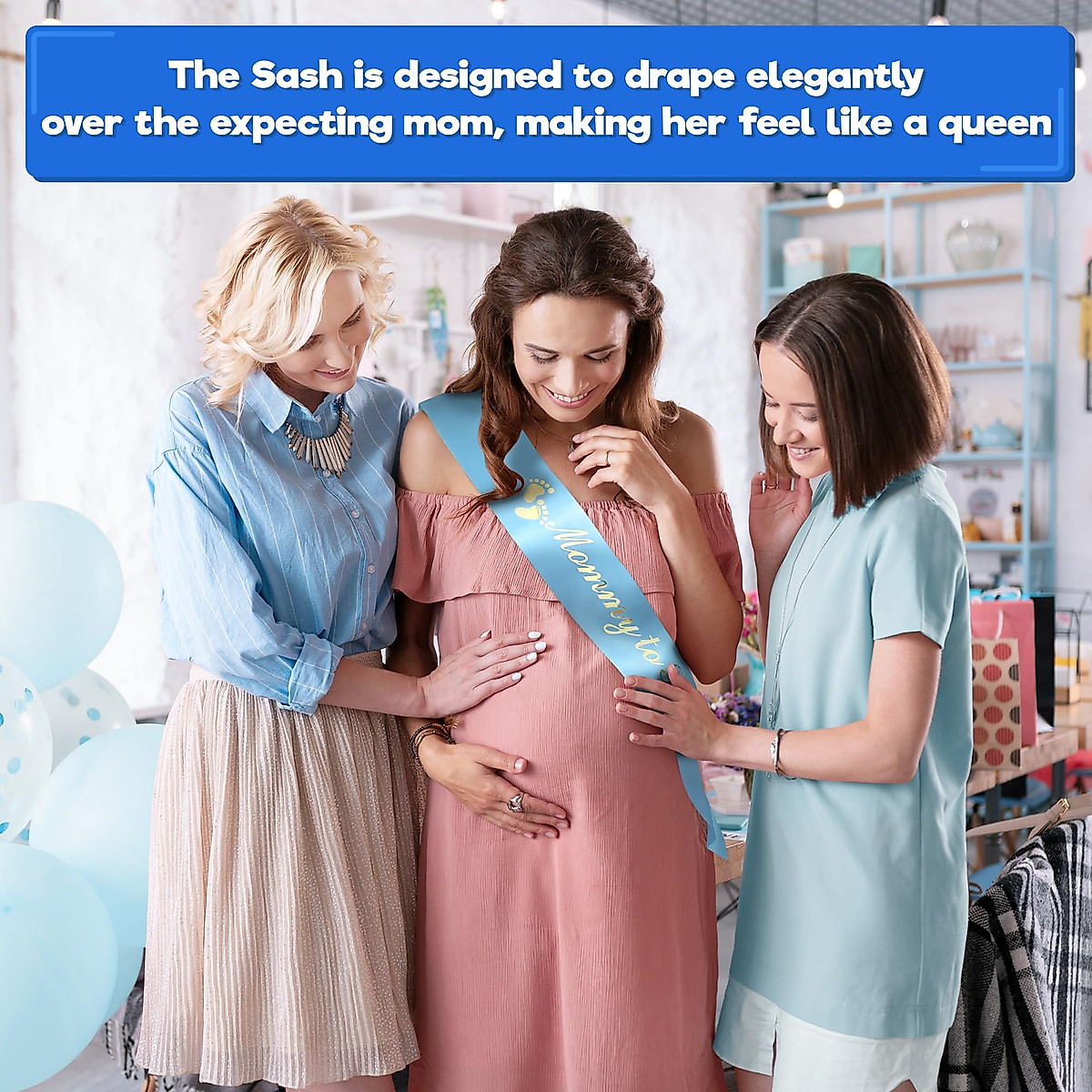 Baby Shower Sash for Mommy - Set of 2 Blue Satin Mommy to Be Sash with Dad to Be Pin, Elegant Glossy Texture with Gold Glitz Letters, Easy to Wear - Lightweight and Durable Baby Shower Decorations Boy