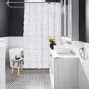 Volens White Shower Curtain Fabric/Ruffle for Bathroom,70in Long