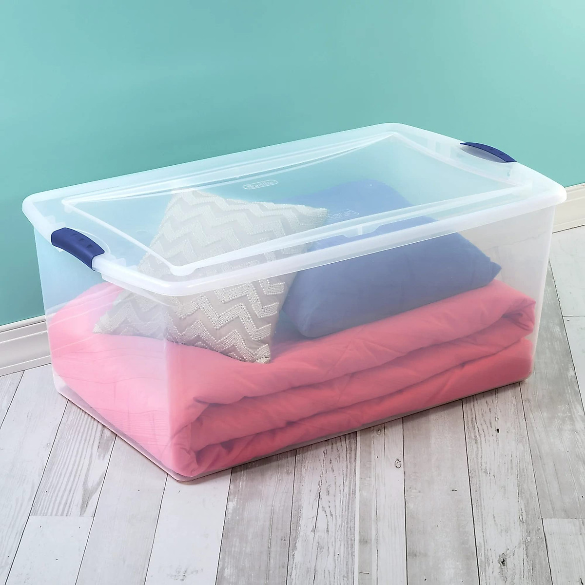 PuPLUM 105 Qt. Latch Box Plastic Storage Bin Tote Organizing Container With Durable Lid, Stackable and Nestable Snap Lid Plastic Storage Bin, 1 Pack, Clear With Blue Buckle