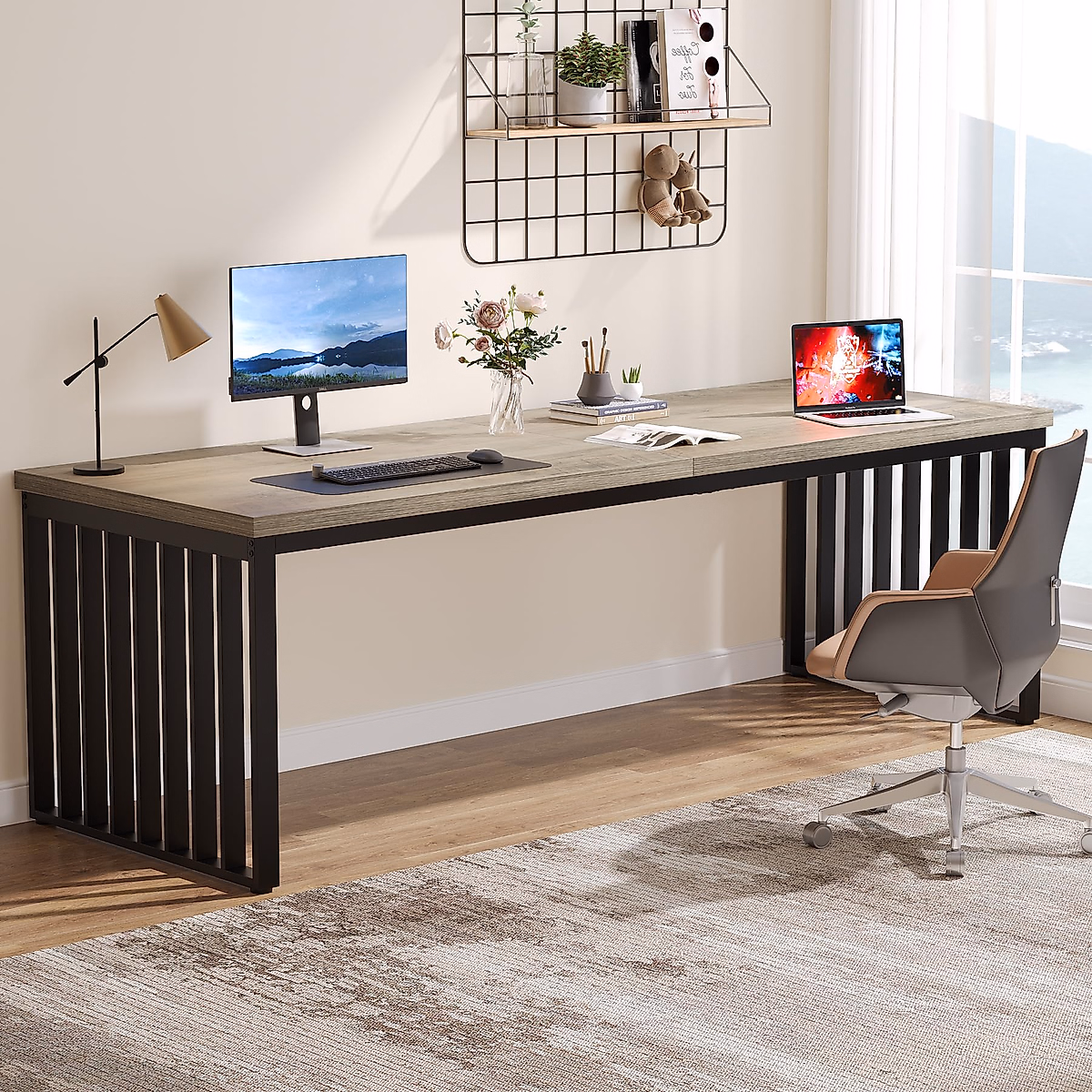 Tribesigns 78.74" Extra Long Computer Desk 2 Person Desk, Double Long Desk with Heavy Duty Metal Frame, Double Workstation Study Desk for Home Office, Brown (Without Chair) (Gray & Black)