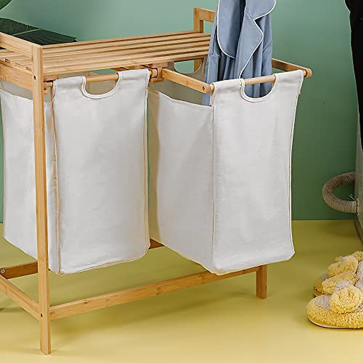Bellglee Laundry Hamper with Shelf, 2 Sections Wooden Laundry Basket with Sliding Removable Bags, Bamboo Wood Laundry Organizer with Double Compartments, Laundry Sorter with Handles