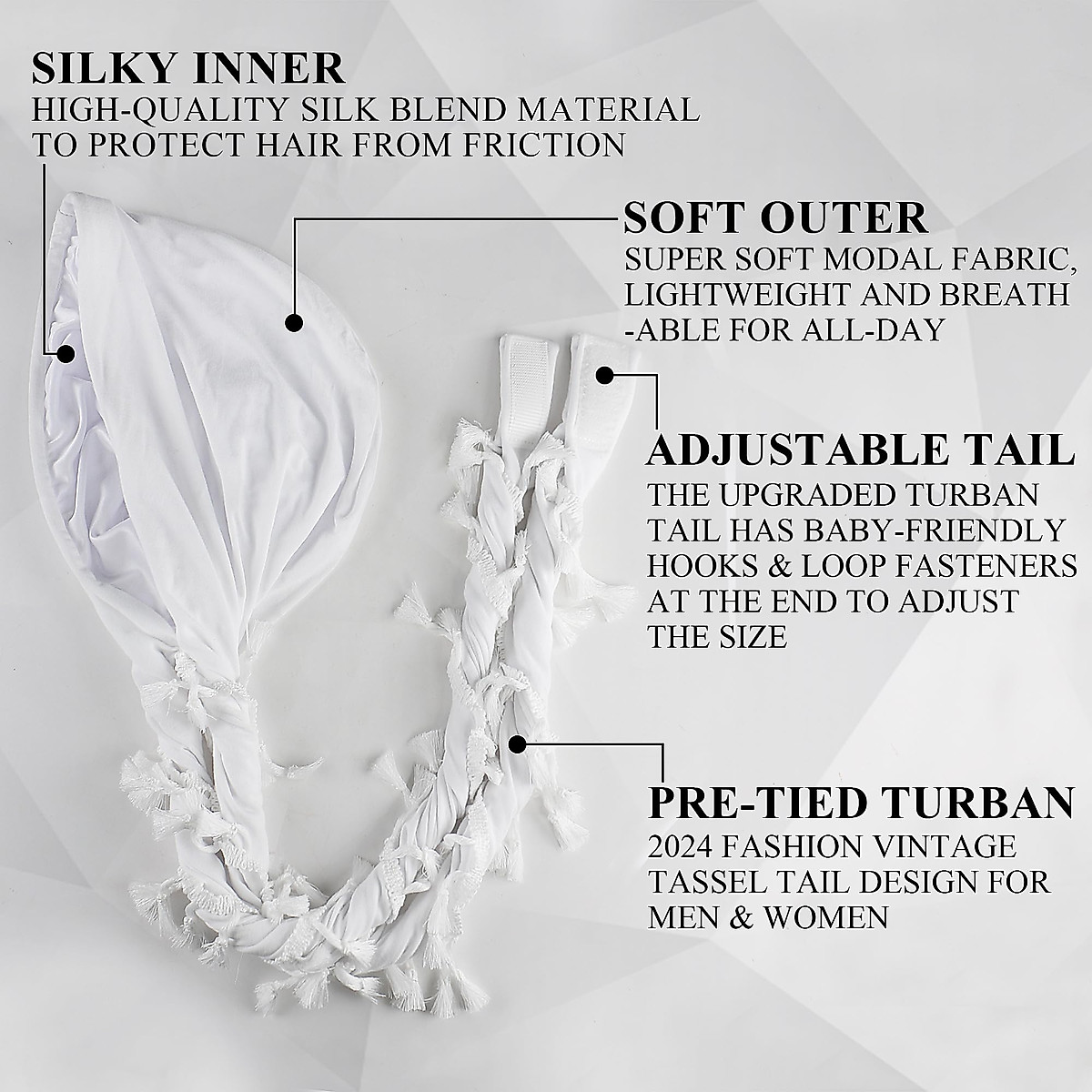 Ababalaya Adjustable Satin Lined Halo Turban Durag for Men &Women, Twisted Tassel Head Wraps, Beanie Hats for Hair Loss, White, 1 PCS