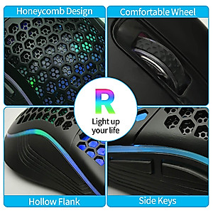 Honeycomb Wired Gaming Mouse, RGB Backlight and 7200 Adjustable DPI, Ergonomic and Lightweight USB Computer Mouse with High Precision Sensor for Windows PC & Laptop Gamers (Black)