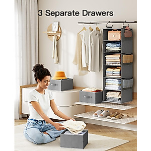 Pipishell Hanging Closet Organizer 6-Shelf, Hanging Shelves for Closet with 3 Removable Drawers & Side Pockets, Hanging Shelf Organizer for Bedroom or Garment Rack, 12'' x 12'' x 43.3'', Dark Gray