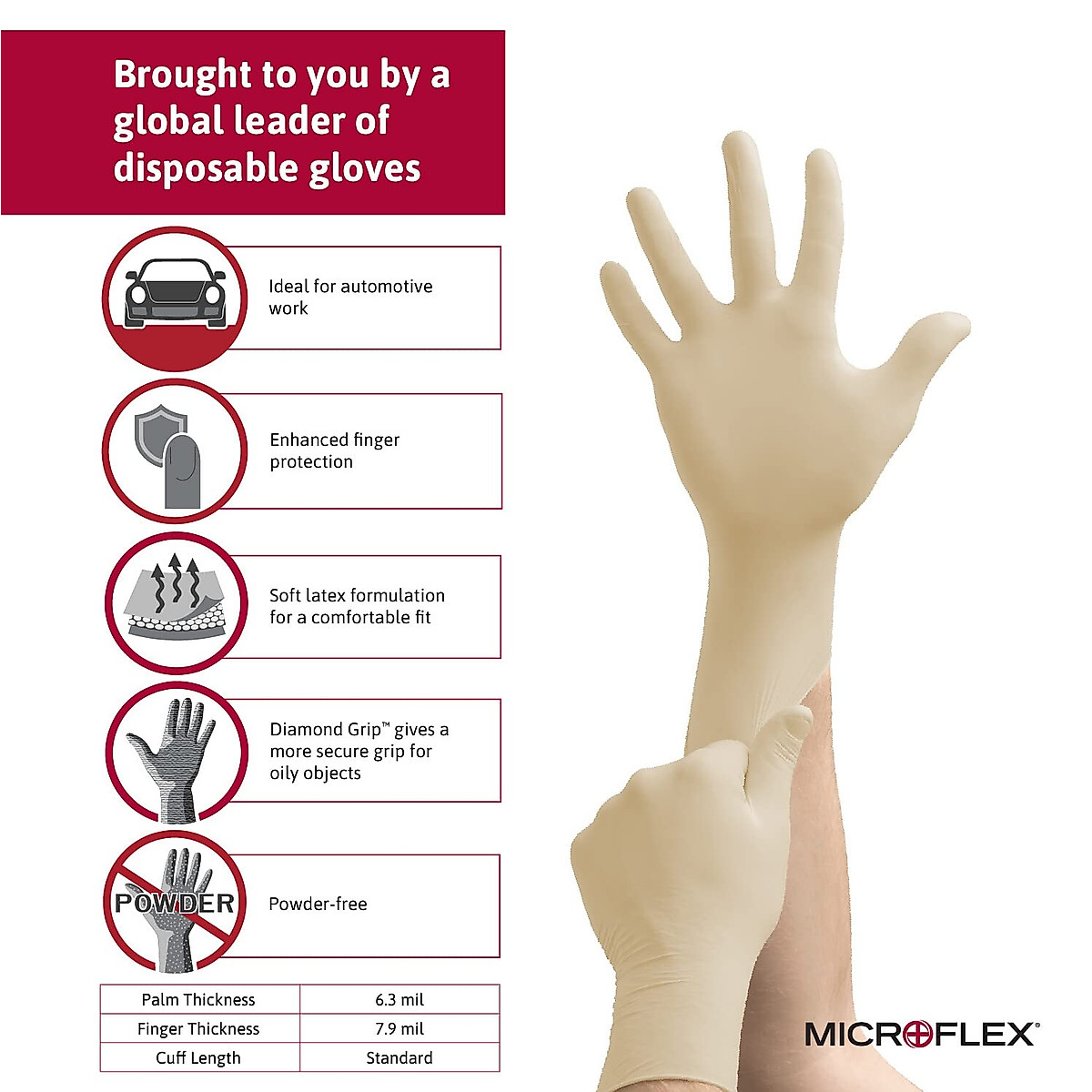 Microflex MF-300-M Diamond Grip Exam Gloves, PF Latex, Textured Fingers, Medium, 100 per Box, 10 Box per Case (Pack of 1000)