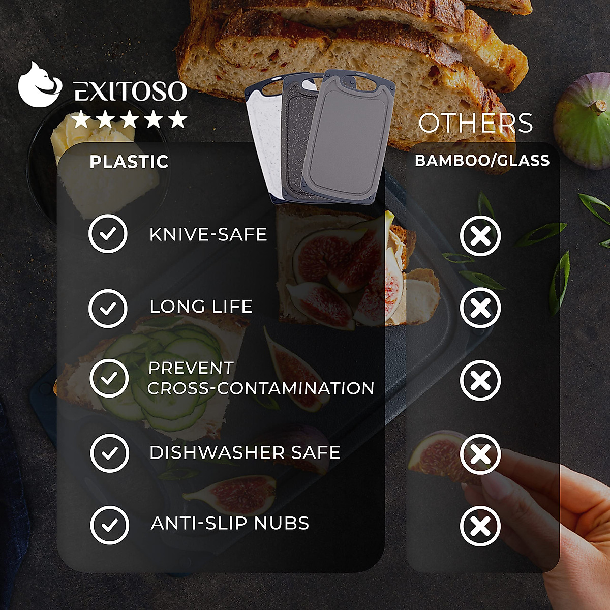 Exitoso Small Cutting Board Set of 6 - BPA Free Cutting Boards for Kitchen Dishwasher Safe - Non Slip Plastic Cutting Board with Juice Groove - Small Plastic Cutting Boards For Kitchen Essentials