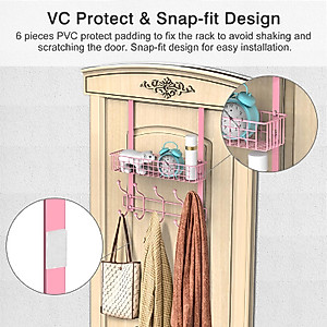 MILIJIA Over The Door Hooks with 5 Hooks & Mesh Baskets, Rustproof & Waterproof Coat Hanger, Detachable Storage Coat Rack for Towels, Hats, Handbags, Coats, Closet (Pink)
