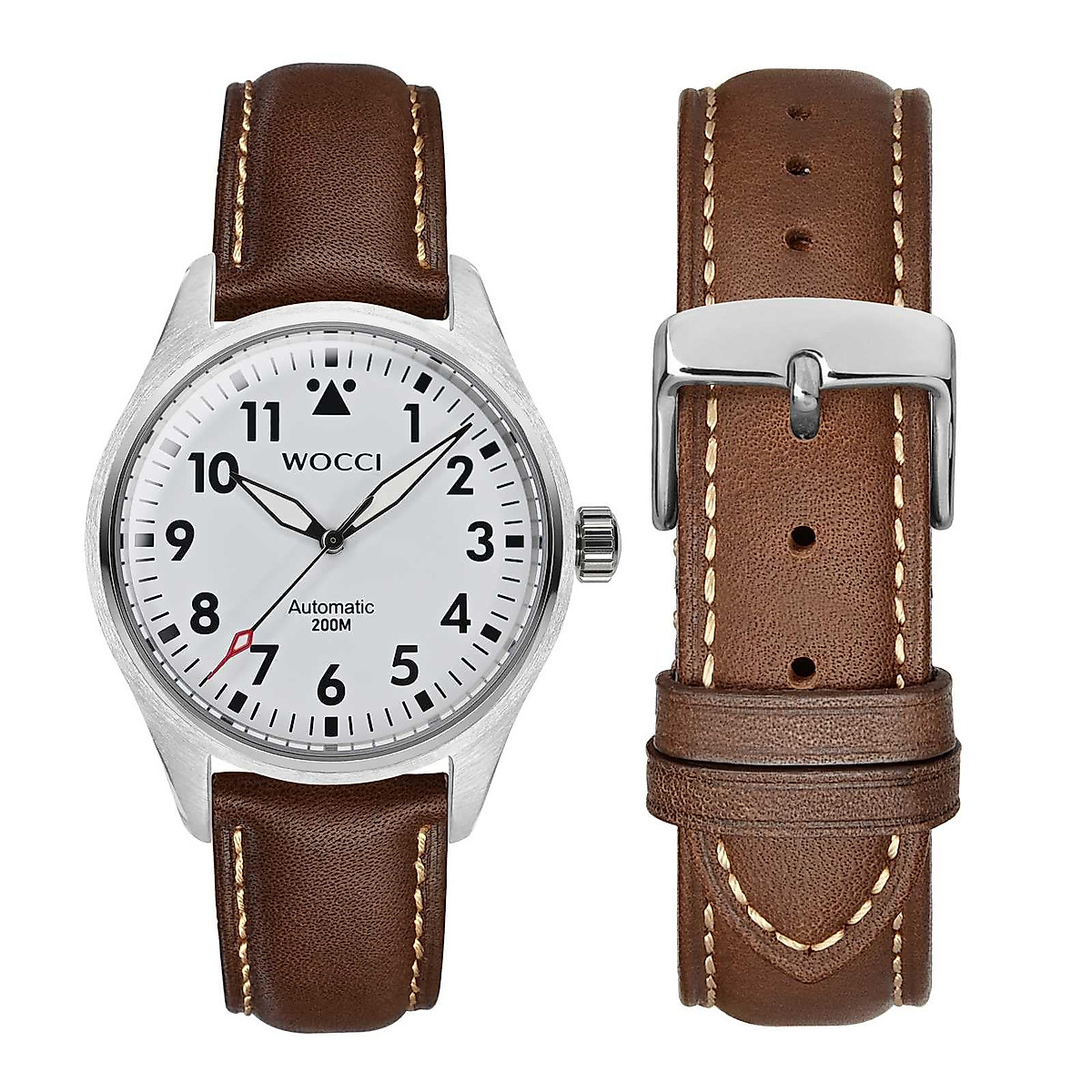 WOCCI 20mm Vintage Leather Watch Band for Men and Women, Silver Buckle (Dark Brown/Contrasting Stitch)