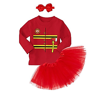 Firefighter Outfit - Firetruck Long Sleeve Toddler T-Shirt + Tutu Skirt + Bow Headband Set (Long Sleeve Red T-Shirt/Red Tutu, 4T)
