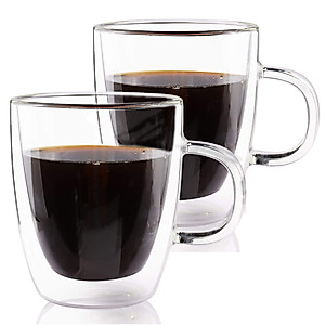 Sivaphe Double Wall Demitasse Cups With Handle 12oz Set of 2 Clear Borosilicate Glass Espresso Mugs for Latte, Cappuccino, Tea, Beverages, Ice Coffee