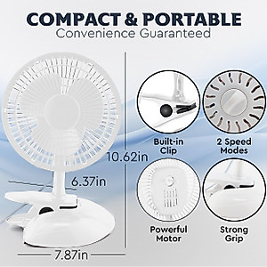 RamPro Clip on Fan & Desk Fan, Small Clip Fan with Sturdy Clamp, 6 Inch Portable Clip on Fan Plug-In Quiet Personal Cooling Bed Fan for Home, Camping, 2 Speed Clip Fans with Adjustable Tilt, White