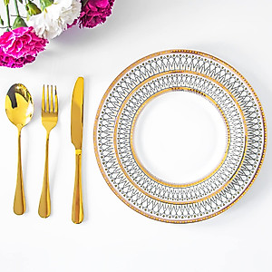 DUEBEL 4-Person Dinner Service Set, Includes 4 Ceramic Dinner Plates and 4 Ceramic Salad Plates with Gold Rim, 4 Cutlery Set for 4 Persons, Modern & Stunning Design