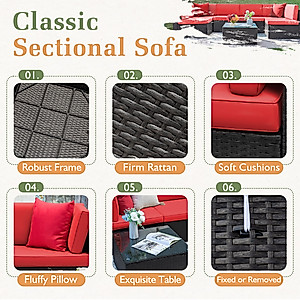 Greesum Patio Furniture Sets 13-Pieces Outdoor PE Rattan Sectional Sofa w/43in Gas Fire Pit Table 55000 BTU Add Warmth to Gatherings Parties On Deck Garden Backyard, Red