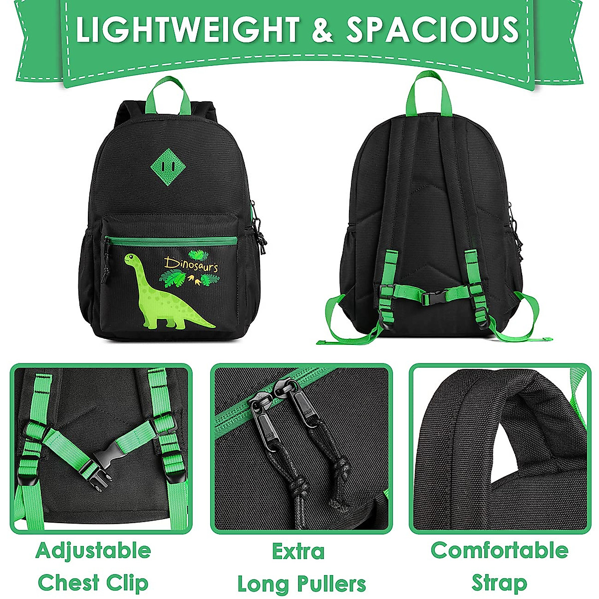 Kasqo Kids Backpack, 14" Toddler Backpack for Little Boys and Girls Kindergarten Preschool Bookbag With Chest Strap, Black Dinosaur