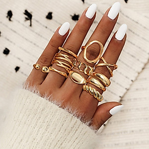 HAIAISO 16Pcs Gold Done Chunky Rings for Women 18K Gold Plated Adjustable Braided Twisted Round Signet Statement Rings Open Stackable Rings set Size 5-9