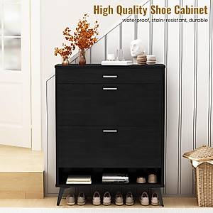 AWQM Shoe Cabinet, Modern Shoe Storage Cabinet with Hidden 2 Flip Drawers and Slide Drawer, Freestanding Slim Shoe Organizer Racks for Entryway, Hallway - Black