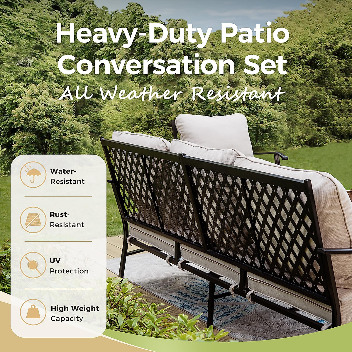 MIXPATIO Patio Furniture Set 5 pcs, Outdoor Patio Furniture Set, 3-Seat Sofa, 2 Rocking Chairs, 2 Ottomans and 5.75" Extra Thick Cushion, Patio Conversation Set for Garden Backyard Deck,Beige