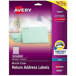 Avery Printable Return Address Labels with Sure Feed, 0.5" x 1.75", Matte Clear, 800 Blank Mailing Labels (18667)