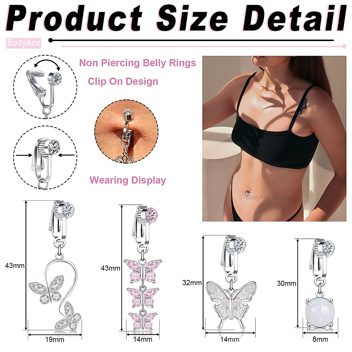 BodyAce 4pcs Fake Belly Rings Dangling Fake Belly Button Ring, Snake Evil Eye Heart Clip On Faux Navel Rings, Devil Butterfly Non Piercing Belly Jewelry (A:4pcs Fake Belly Rings)