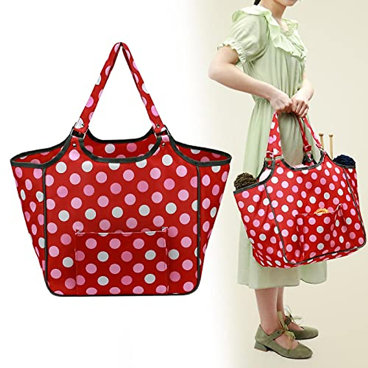 Colaxi Yarn Storage Bag Red Polka dots Print Wool Yarn Knitting Sewing Tools Tote Handbag Weaving Crochet Hooks nedles Travel Organizer