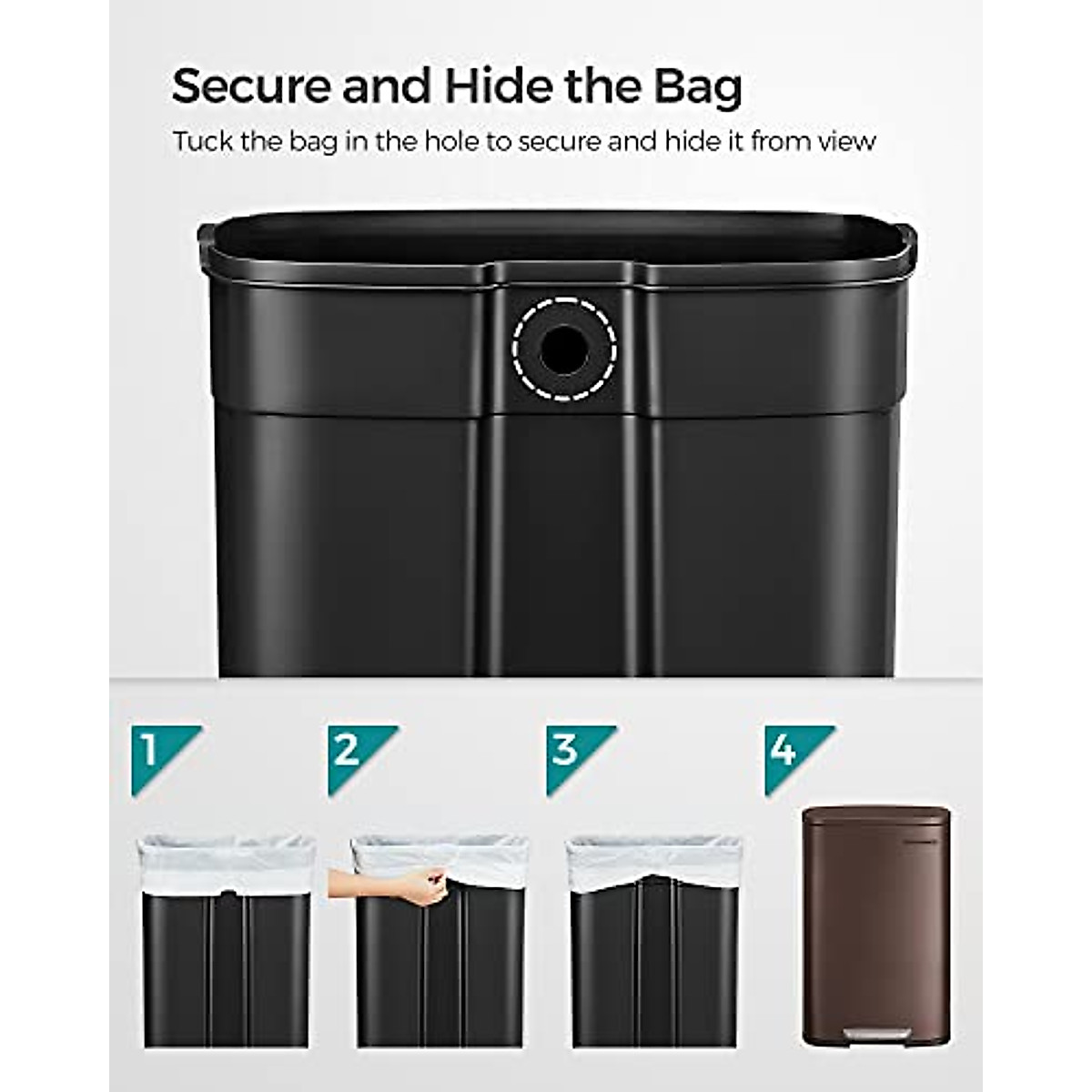 SONGMICS 13 Gallon Trash Can, Stainless Steel Kitchen Garbage Can, Recycling or Waste Bin, Soft Close, Step-On Pedal, Removable Inner Bucket, Brown ULTB50BR