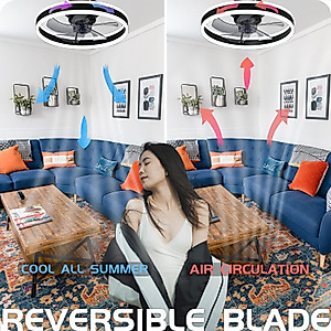 DewShrimp Flush Mount Ceiling Fan with Lights - Bladeless, Bluetooth Speaker, App & Remote Control, Quiet, Low Profile, LED, Stepless Dimming, 3 Colors, 6 Speeds, Reversible, 19.7in