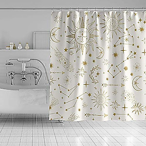 OERJU Boho Shower Curtain Sun Moon Stars Arrows Modern Fashion Art Gold Hand Drawing Chic Tribal Style Machine Washable Bohemian Bathroom Curtain Set with Hooks 72x96inch Waterproof Polyester