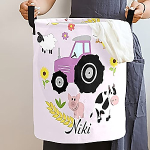Cute Pink Farm Animals Tractor Laundry Basket Personalized with Name Laundry Hamper with Handle Organizer Storage Bin Bedroom Decor for Boys Girls Adults