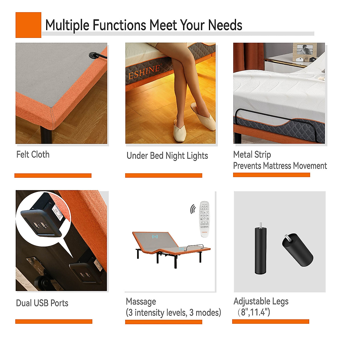 ESHINE Adjustable Bed Frame - Electric Bed Base with Massage, Wireless Remote, Ergonomic Foot&Head Incline, Zero Gravity, Dual USB Ports, Under Bed Light, Twin XL, 3000 Series