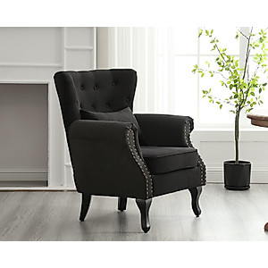 KCC Living Room Accent Chair Mid Century Modern Reading Arm Chair for Bedroom, Upholstered Club Chair Single Sofa Chair with Tufted Back, Rubber Wood Legs and Lumbar Pillow, Black