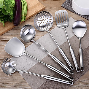 Cooking Utensils Set Stainless Steel Kitchen Metal Serving Utensils Set of 6 Pcs-Wok Spatula Ladle Set, Skimmer Slotted Spoon, Pasta Spoon, Serving Spoon, Slotted Spatula Tunner,Dishwasher Safe