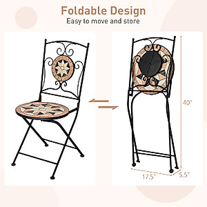 Tangkula 3 Pieces Patio Bistro Set, Outdoor Garden Furniture Set with Round Mosaic Coffee Table & 2 Folding Chairs, Portable Bistro Table & Chair Set for Balcony, Backyard, Poolside, Porch, Balcony