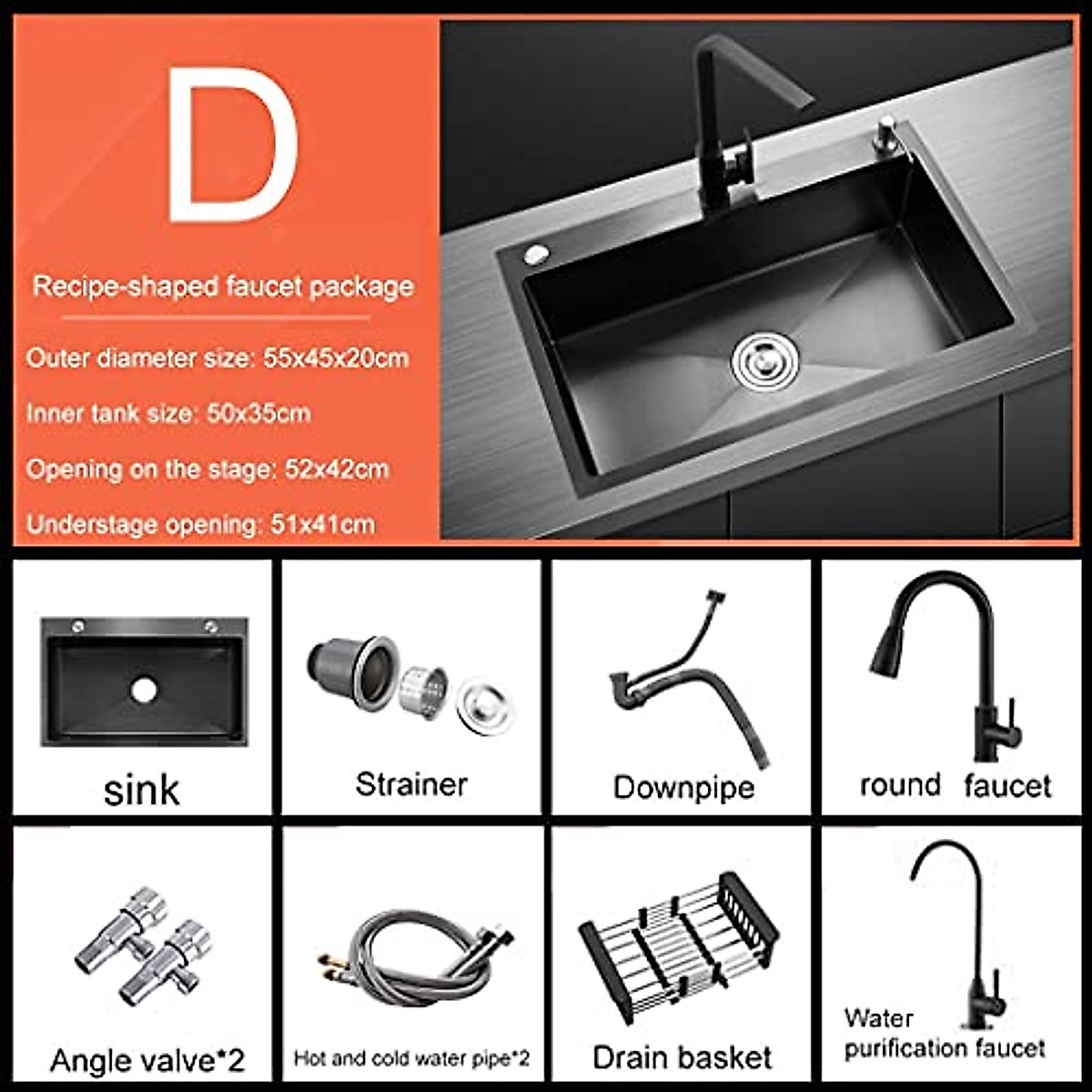 DIIDIIF Kitchen Sinks Bathtub Single Bowl 304 Stainless Steel Sink Set Black Square Large Sink Extremely Fast Drainage with Two Taps