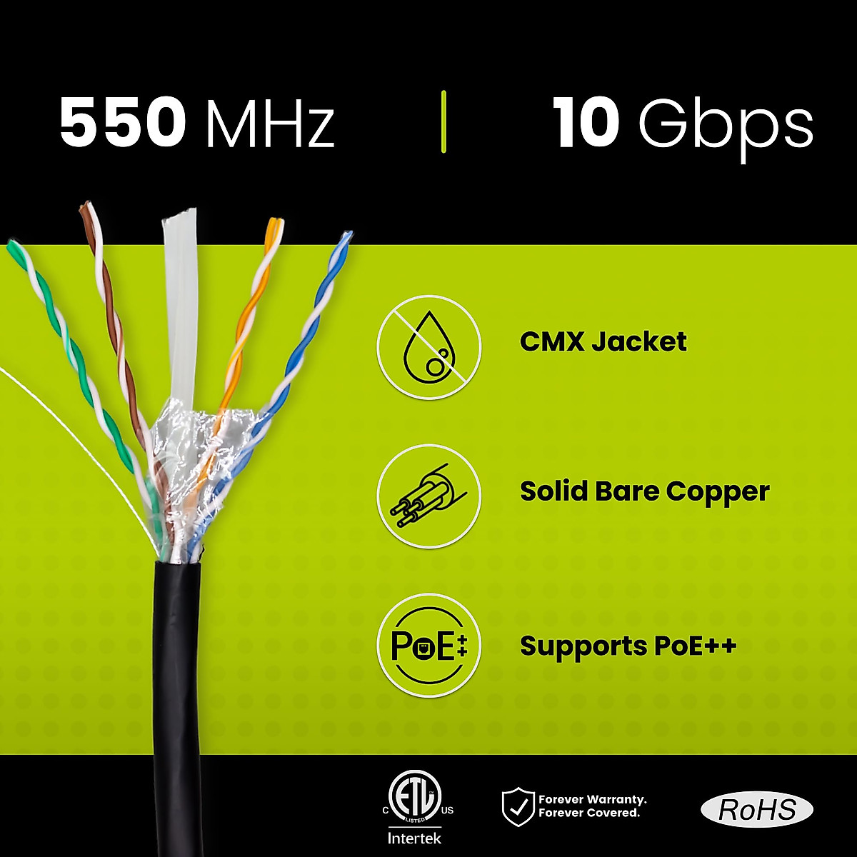 trueCABLE Cat6 Outdoor, Unshielded UTP, 1000ft, UV Resistant, CMX Rated, Black, 23AWG Solid Bare Copper, 550MHz, PoE++ (4PPoE), ETL Listed, Bulk Ethernet Cable