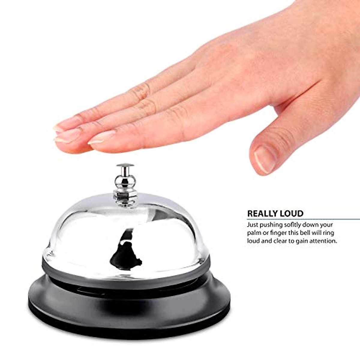 Call Bell Chrome Finish. Hand front desk ringing bell service hotel, counter, school teacher classroom, restaurant, reception, Hospitals, warehouse, office, dinner, kitchen, elderly ring. 3.38"/Silver
